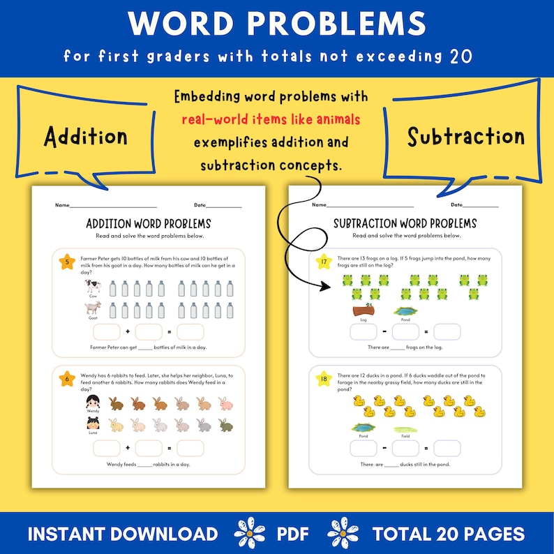 Math Word Problem Worksheet Addition Within 20 Subtraction With Picture ...