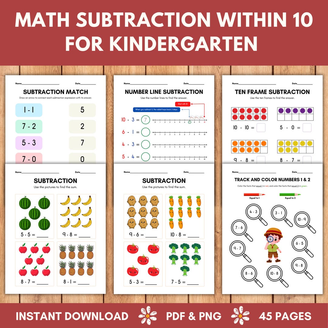 Math Subtraction Within 10 Kindergarten Worksheet Printable Number ...