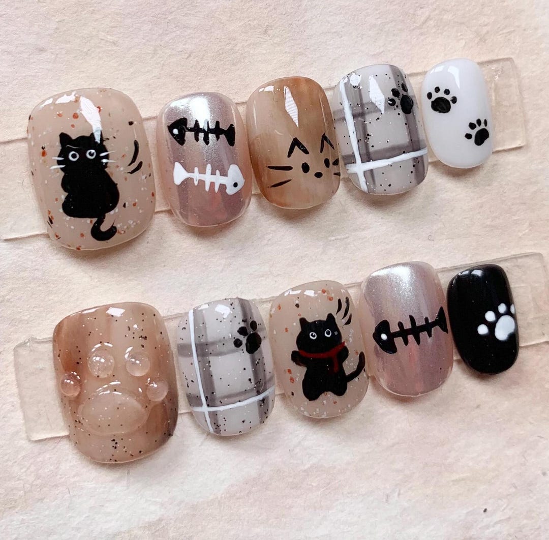 Charming Adorable Cat-themed Press on Nail for Women, Lovely Cutie Cat ...