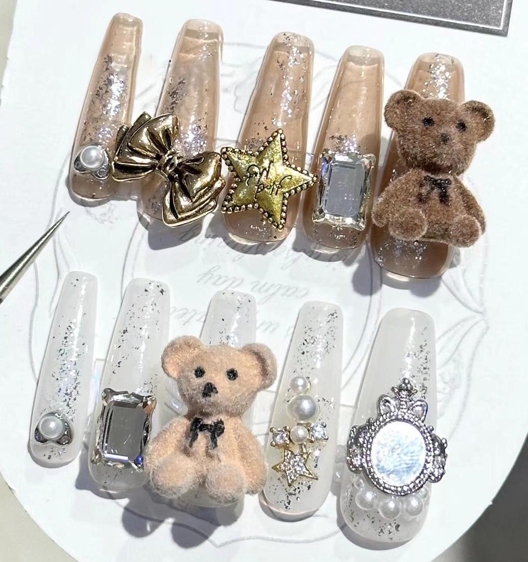 3D Plush Cute Bear and Super Star Press on Nails for Women, Sweet Treat ...