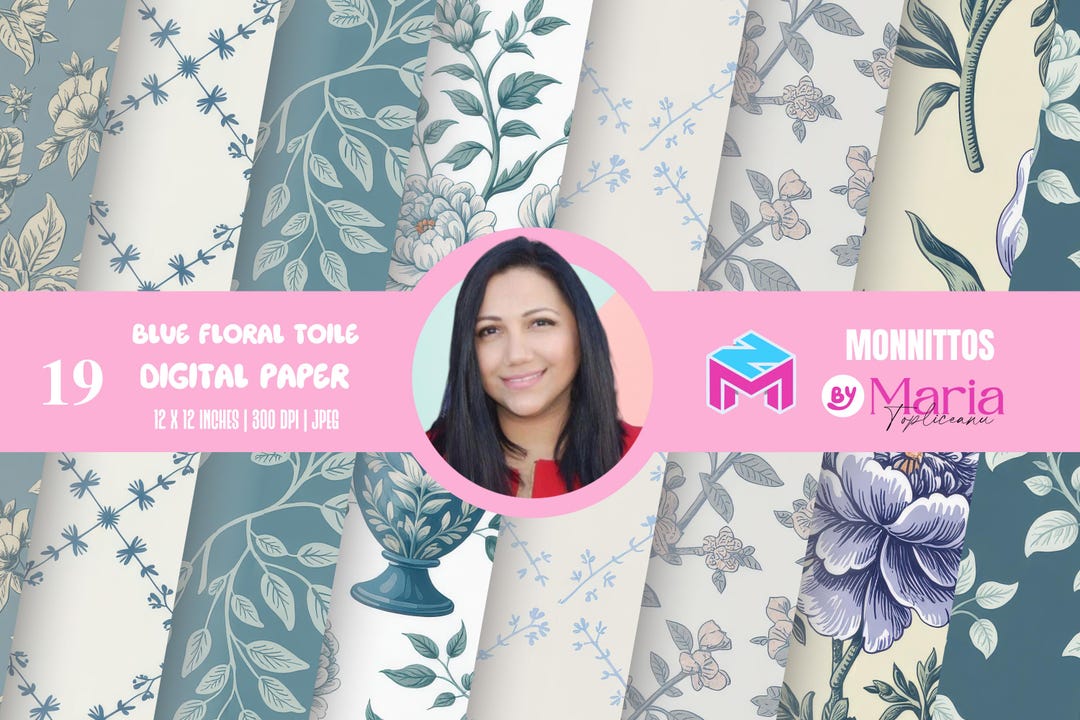 19 Blue Floral Toile Digital Paper - Etsy