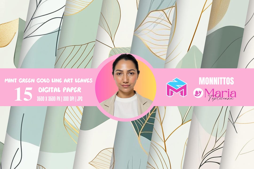 15 Mint Green Gold Line Art Leaves Patterns - Etsy
