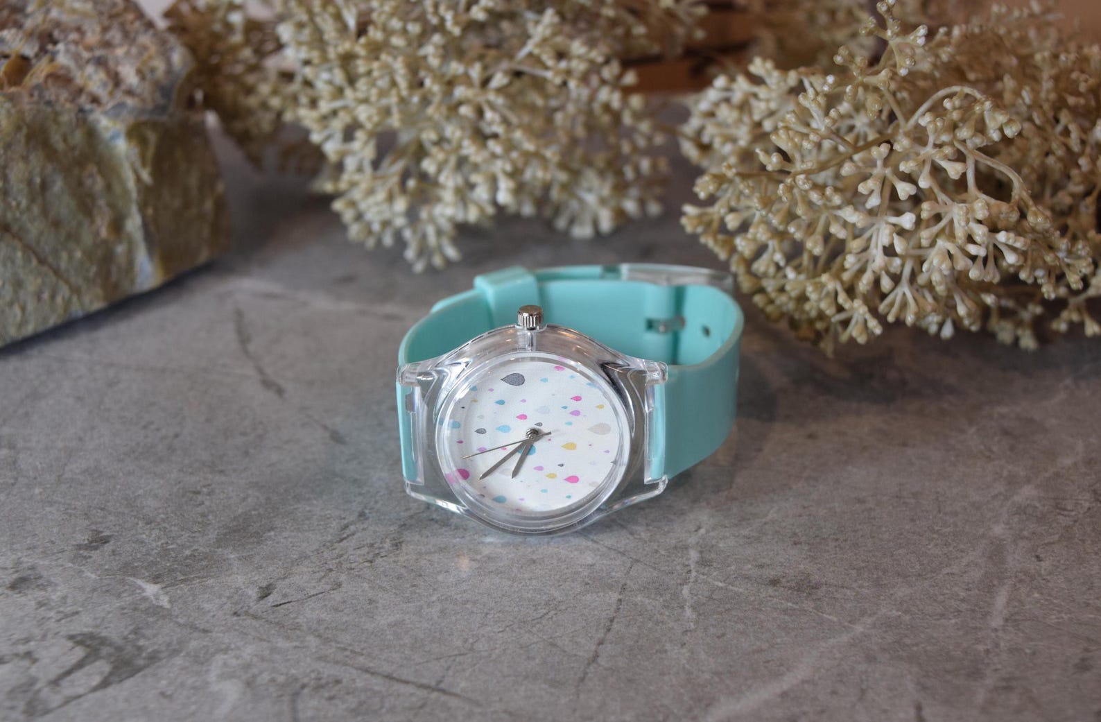 Pastels Design Watch, Transparent Case Watch, Turquoise Strap Watch ...