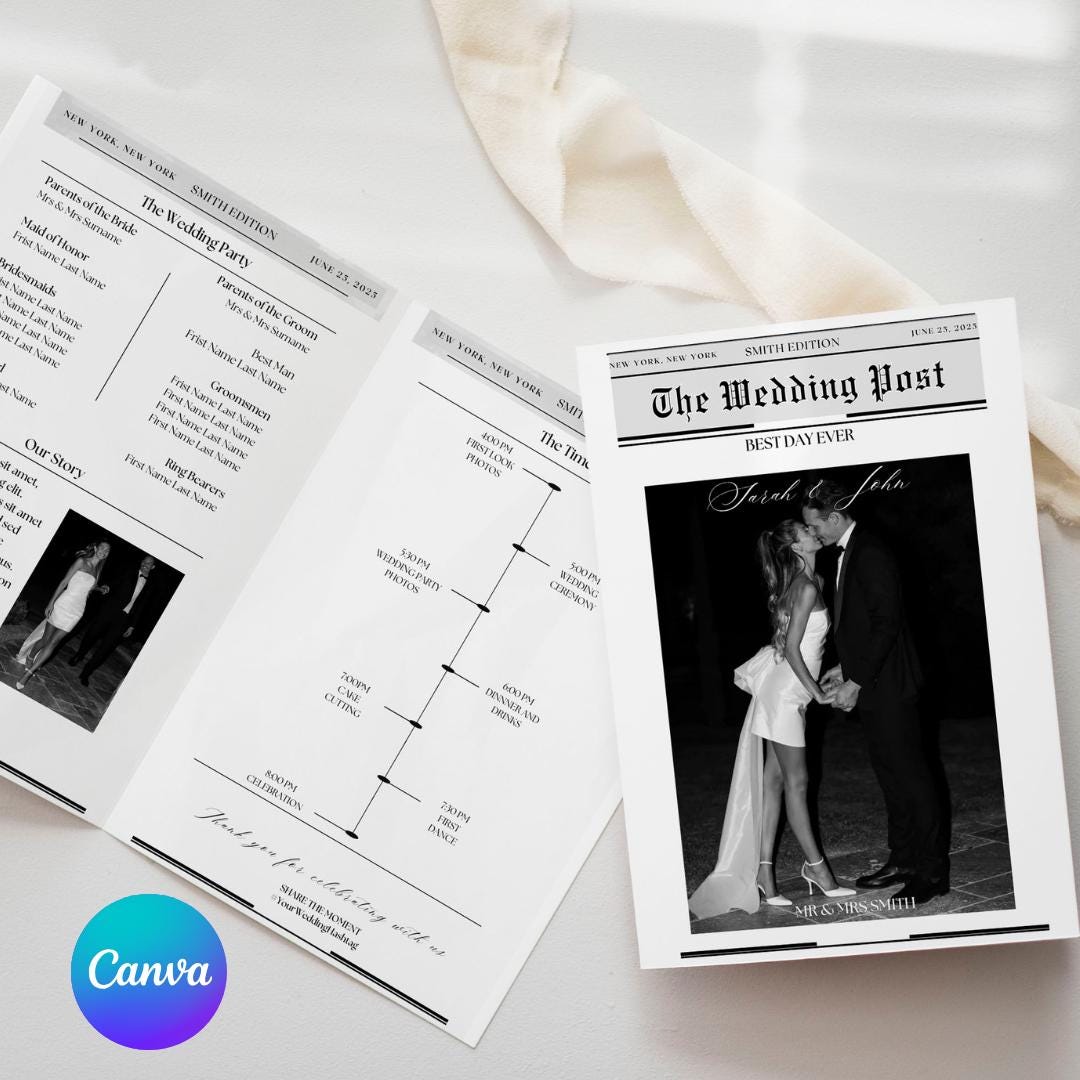 Newspaper Wedding Program Template, Printable Wedding Newspaper Program ...