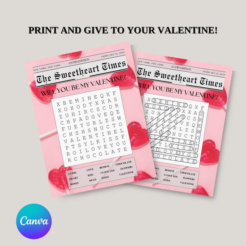 Instant Download Valentine Newspaper Word Search, the Cupid Post ...
