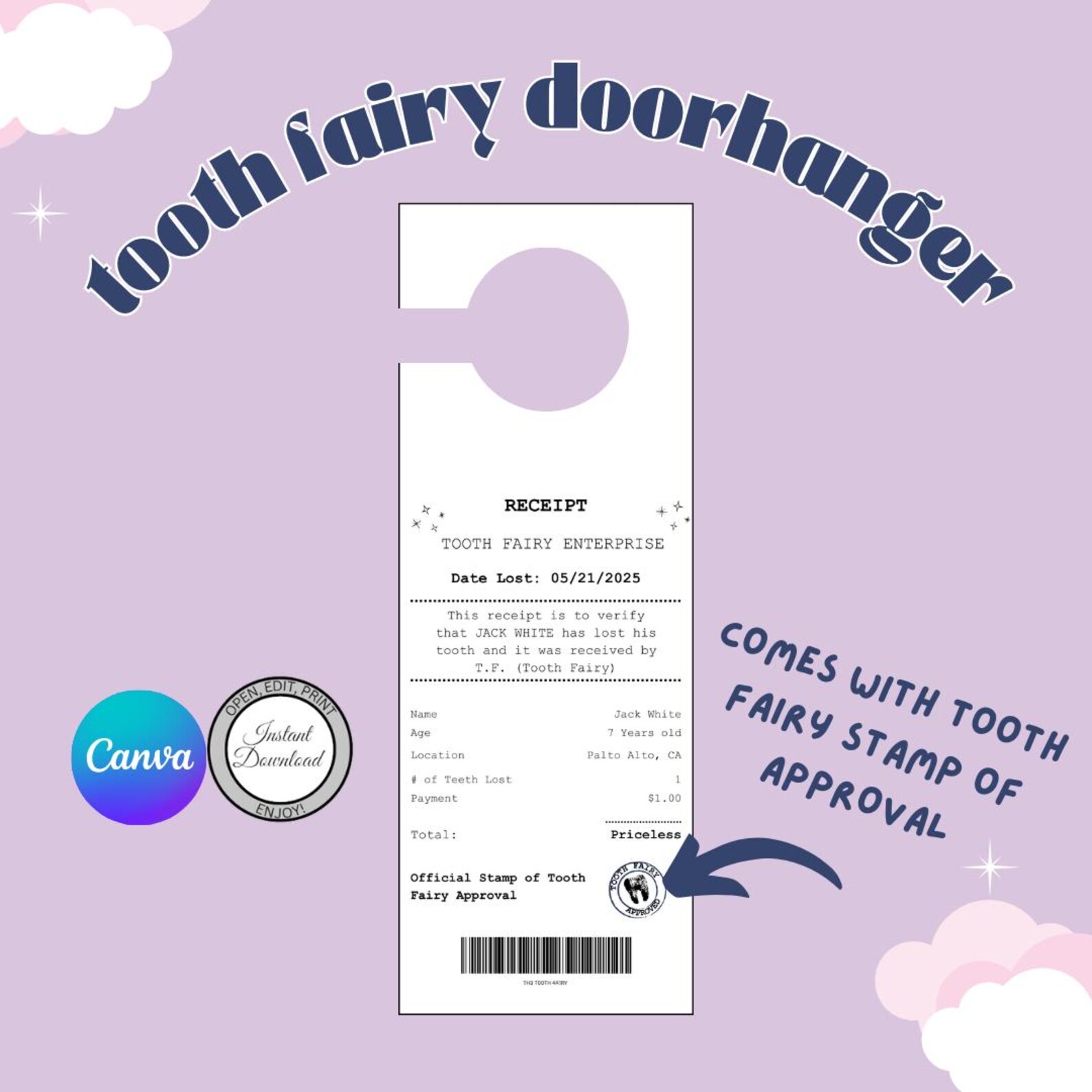 Tooth Fairy Door Hanger Receipt, Editable Tooth Fairy Letter Letter ...