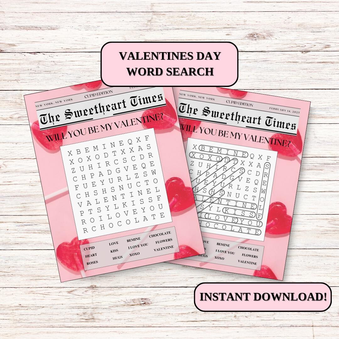 Instant Download Valentine Newspaper Word Search, the Cupid Post ...