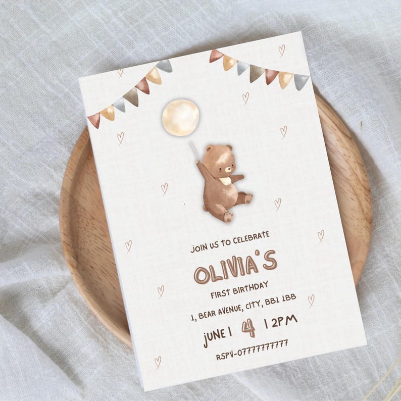 Editable Beary First Birthday Invitation Template, Bear Birthday Invite ...