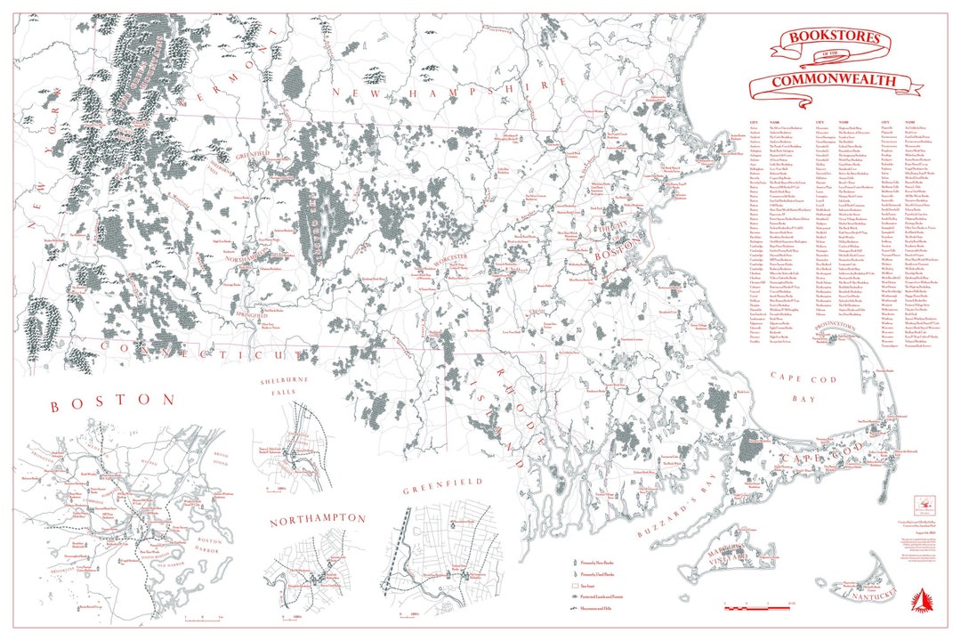 Bookstores of the Commonwealth: A Map of Bookshops in Massachusetts - Etsy