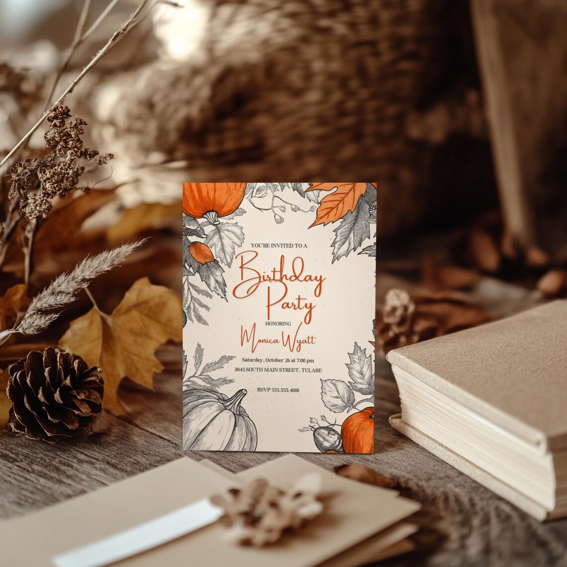 Elegant Fall Harvest Birthday Invitation Template | Autumn Party Invite ...