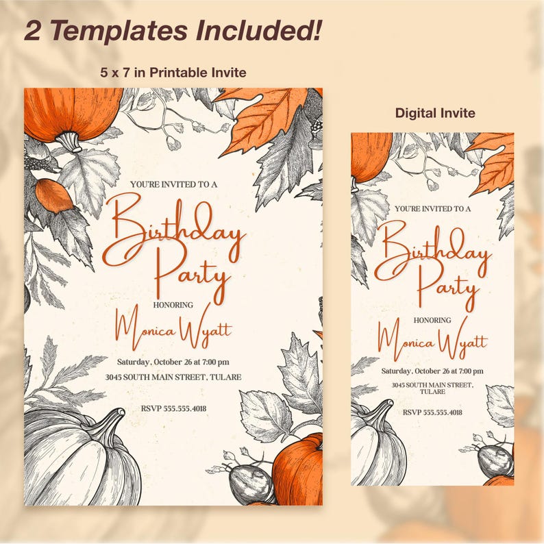 Elegant Fall Harvest Birthday Invitation Template | Autumn Party Invite ...