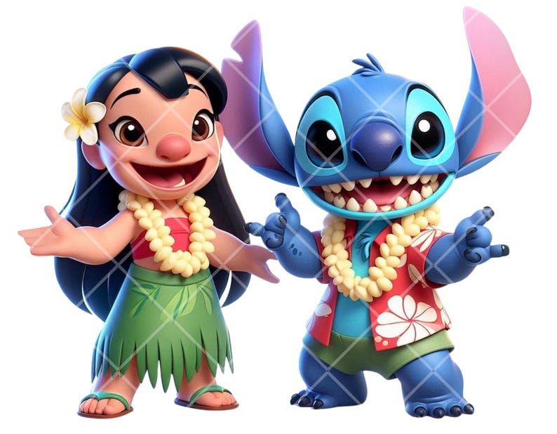 Lilo and Stitch Dressed in Hawaiian Attire With Leis - Etsy