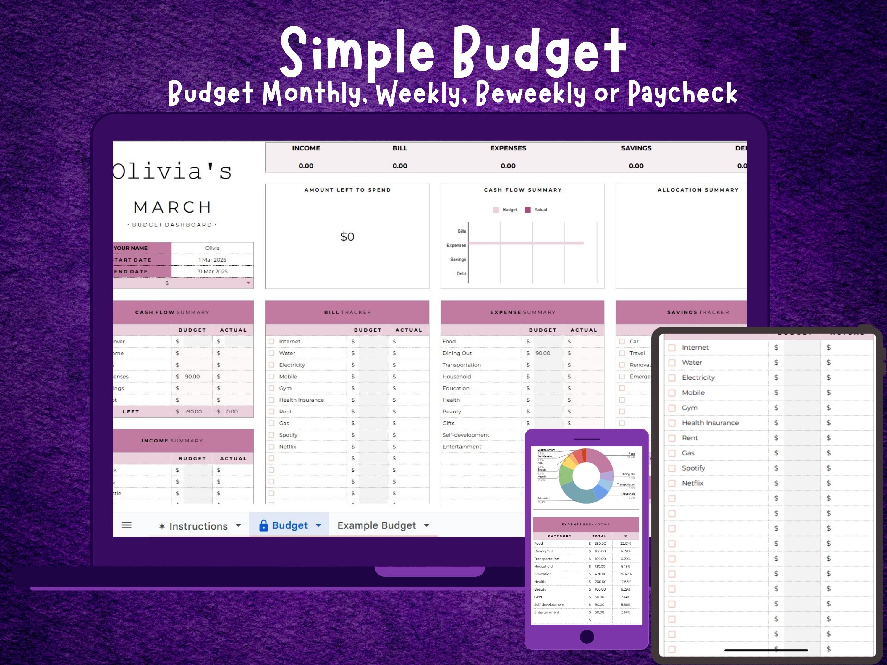 Simple Budget Planner Google Sheet: Weekly, Biweekly, Monthly (digital ...