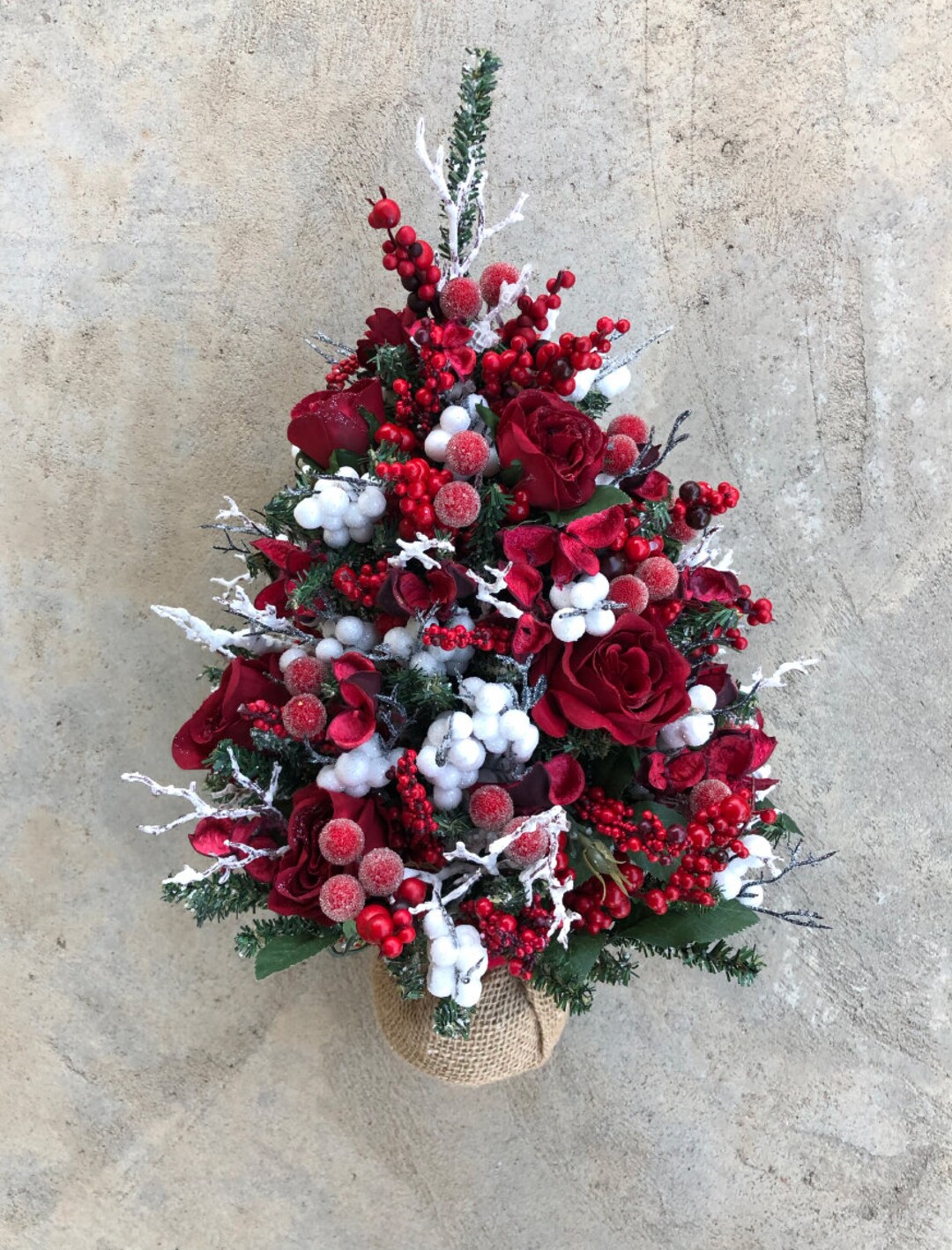 Christmas Tree - Holiday Table Tree - Decorated With Assorted Flowers ...