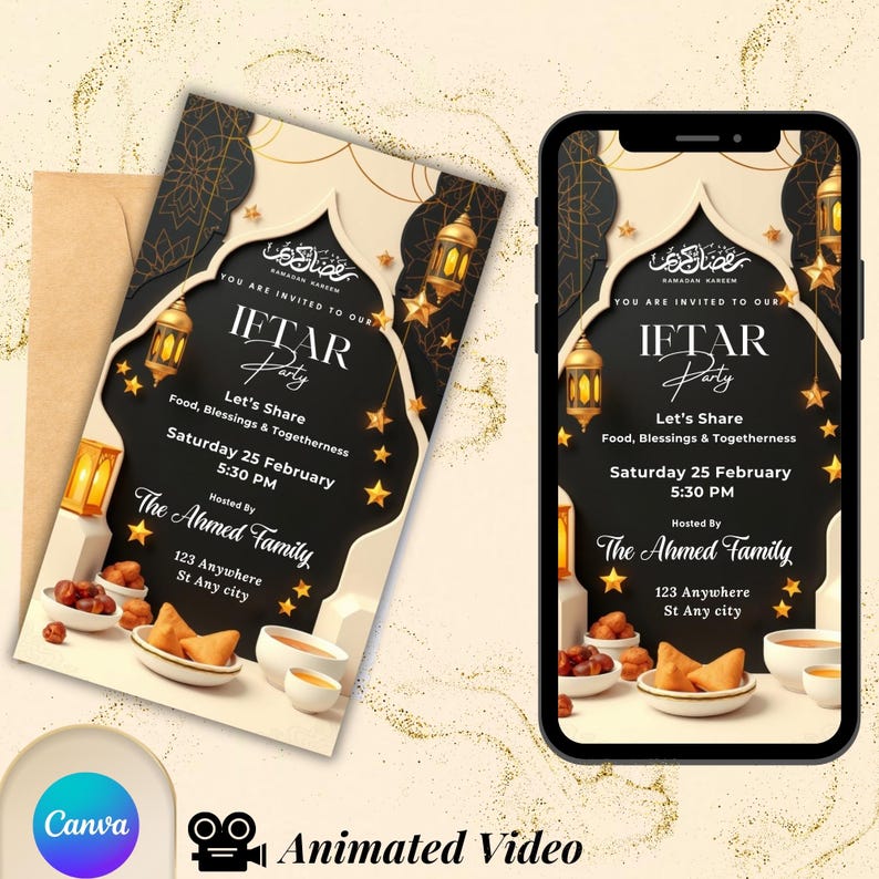 Ramadan Iftar Invitation Video | Editable Digital Iftar Invite | Black ...