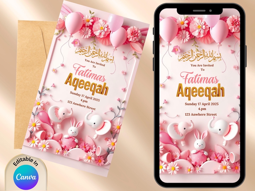 Aqeeqah Invitation Digital | Islamic Baby Invitation | Girl Aqeeqah ...