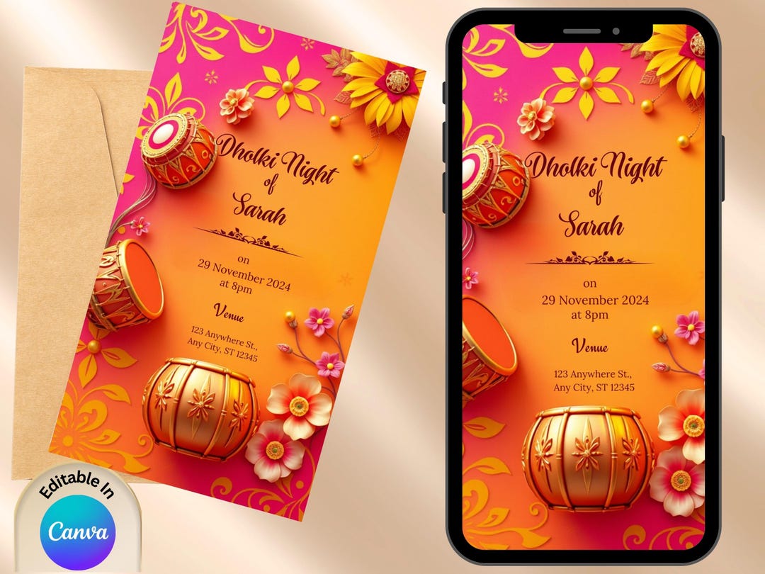 Dholki Night Invitation | Editable Digital Dholki Invite | Indian ...