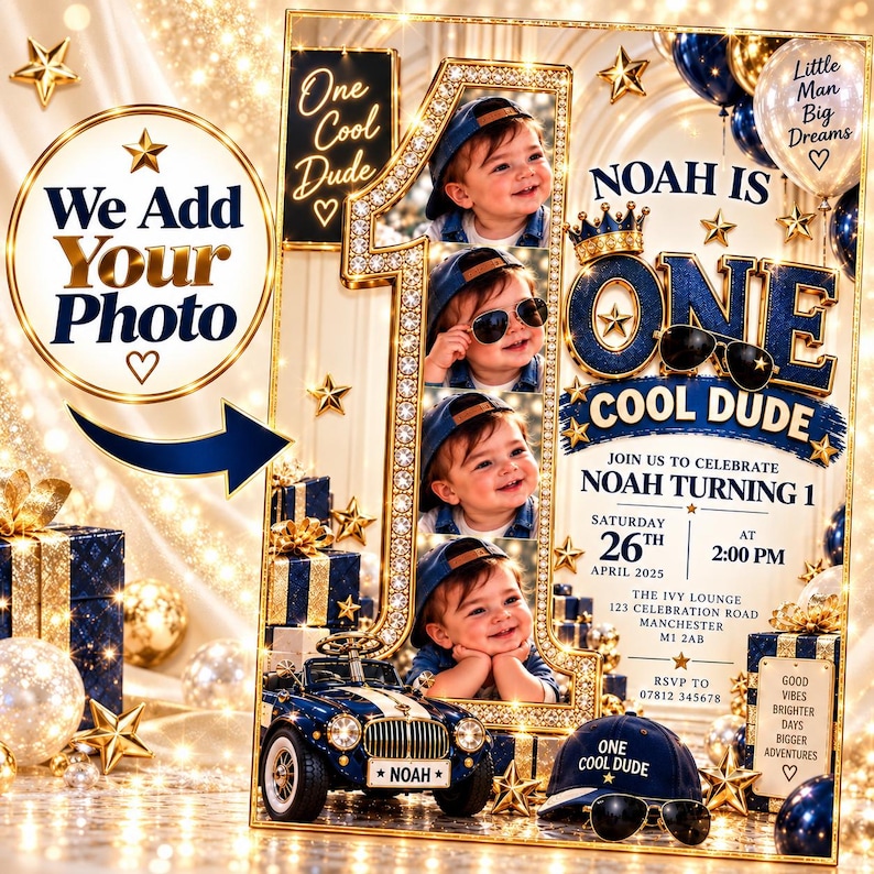 Cool Dude First Birthday Invitation Boy Photo 1st Birthday Party Invite ...