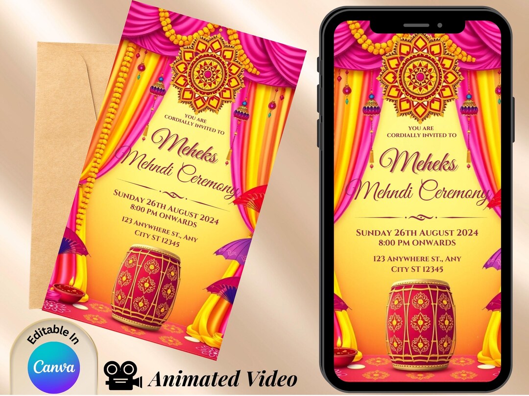 Digital Mehndi Invitation: Indian Wedding Sangeet, Haldi, Jaggo (canva ...