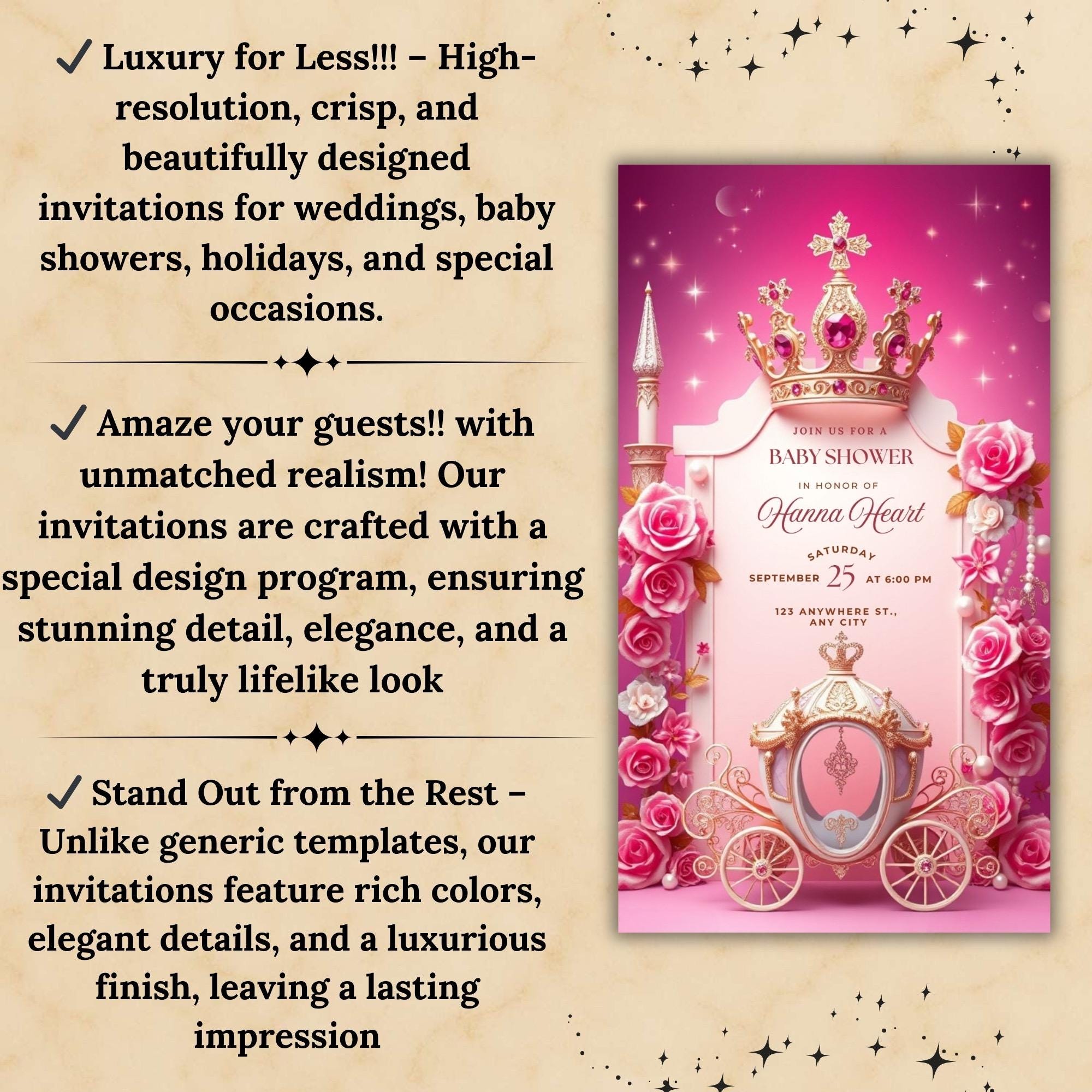 Princess Baby Shower Invitation Girl Editable Template | Pink Gold ...