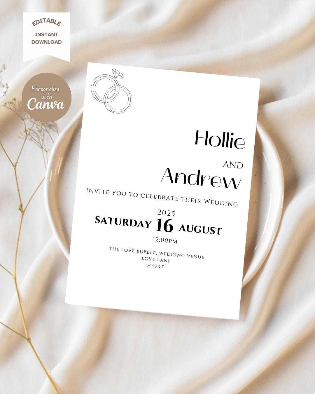 Editable Wedding Invitation Save the Date Invite Black and White ...