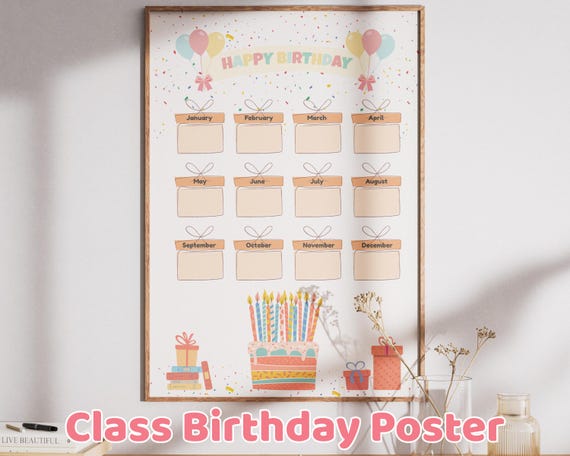Happy Birthday Poster Watercolor Birthday Chart Poster For Classroom ...