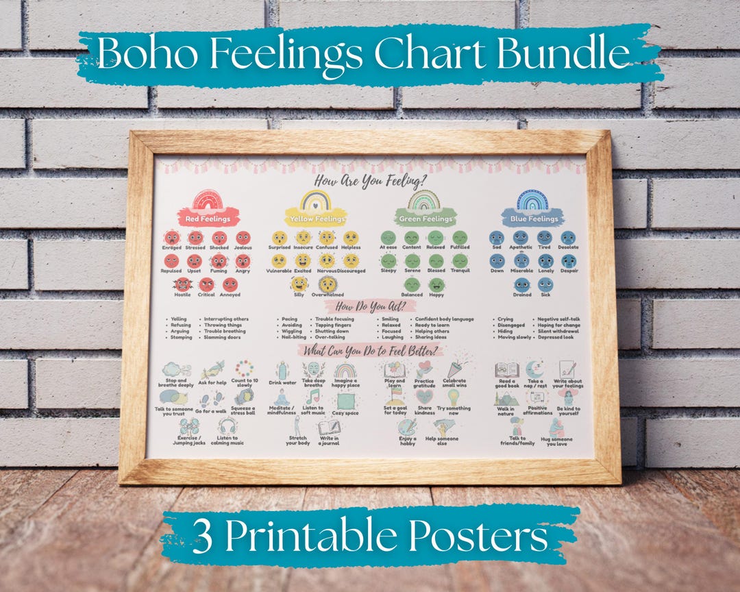 Boho Rainbow Feelings Chart Bundle | Emotional Regulation, Coping ...