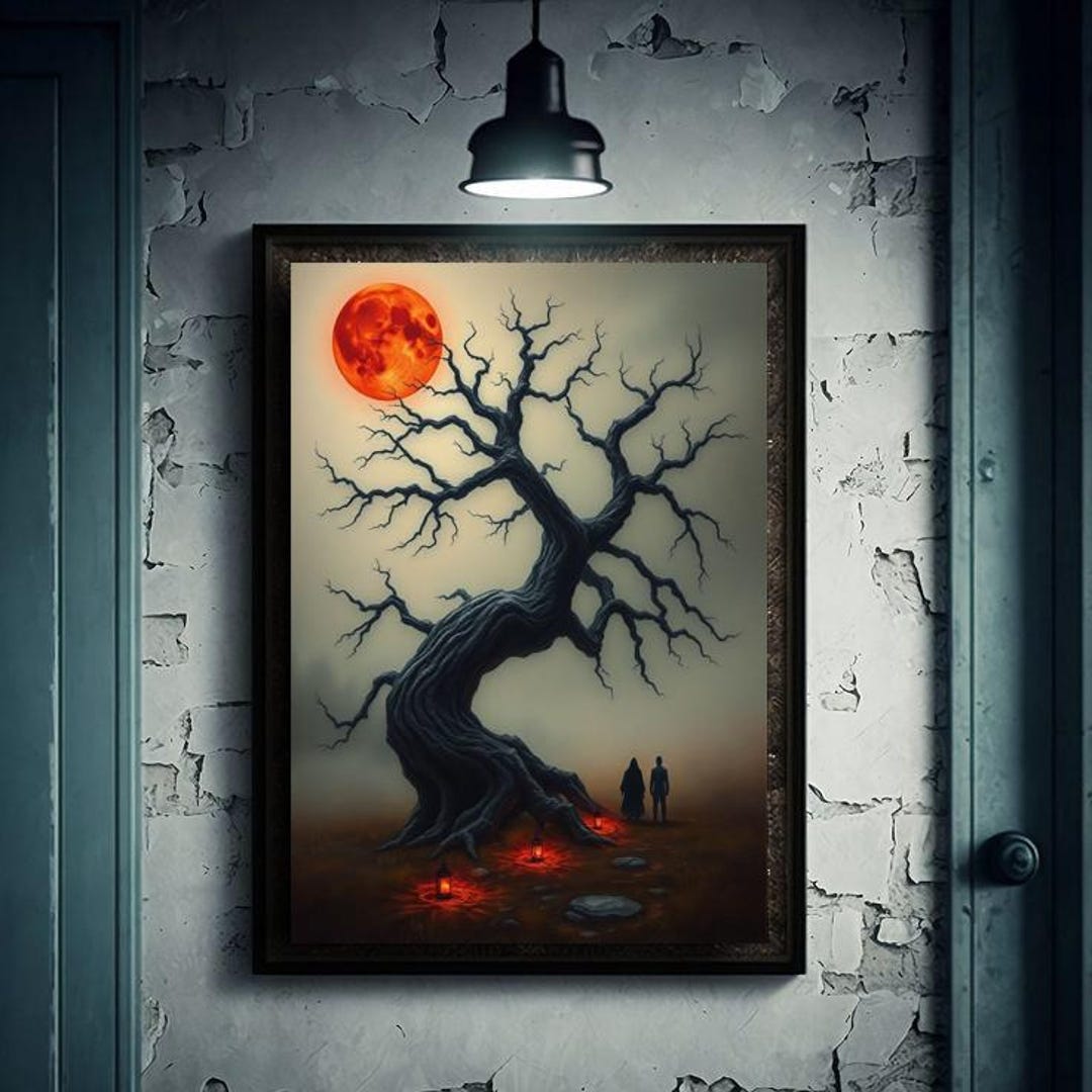 Red Moon & Dark Tree Art Print Mystical Surreal Landscape With Lanterns ...