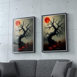 Red Moon & Dark Tree Art Print Mystical Surreal Landscape With Lanterns, Printable Halloween ...