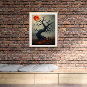Red Moon & Dark Tree Art Print Mystical Surreal Landscape With Lanterns, Printable Halloween ...