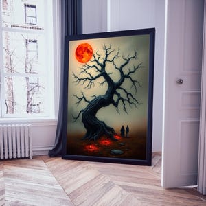 Red Moon & Dark Tree Art Print Mystical Surreal Landscape With Lanterns, Printable Halloween ...