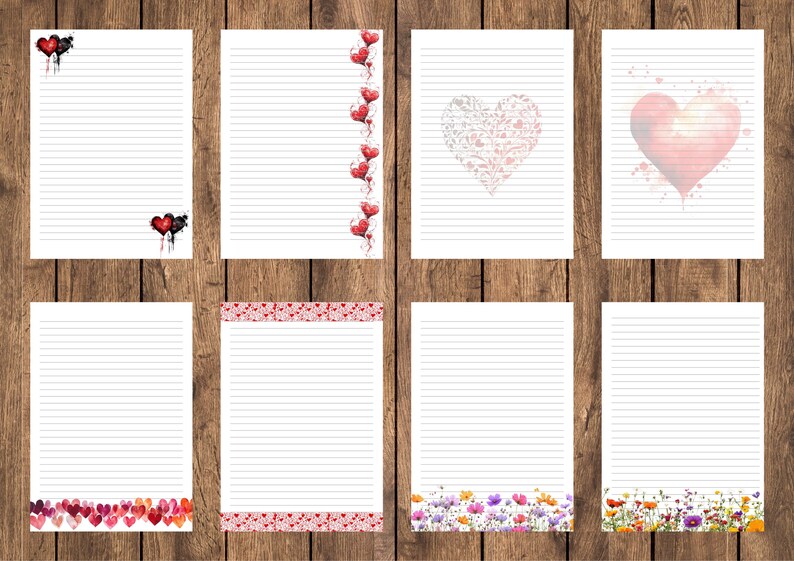 Printable Letter Paper Pack 8 Different Designs With Heart Pattern - Etsy