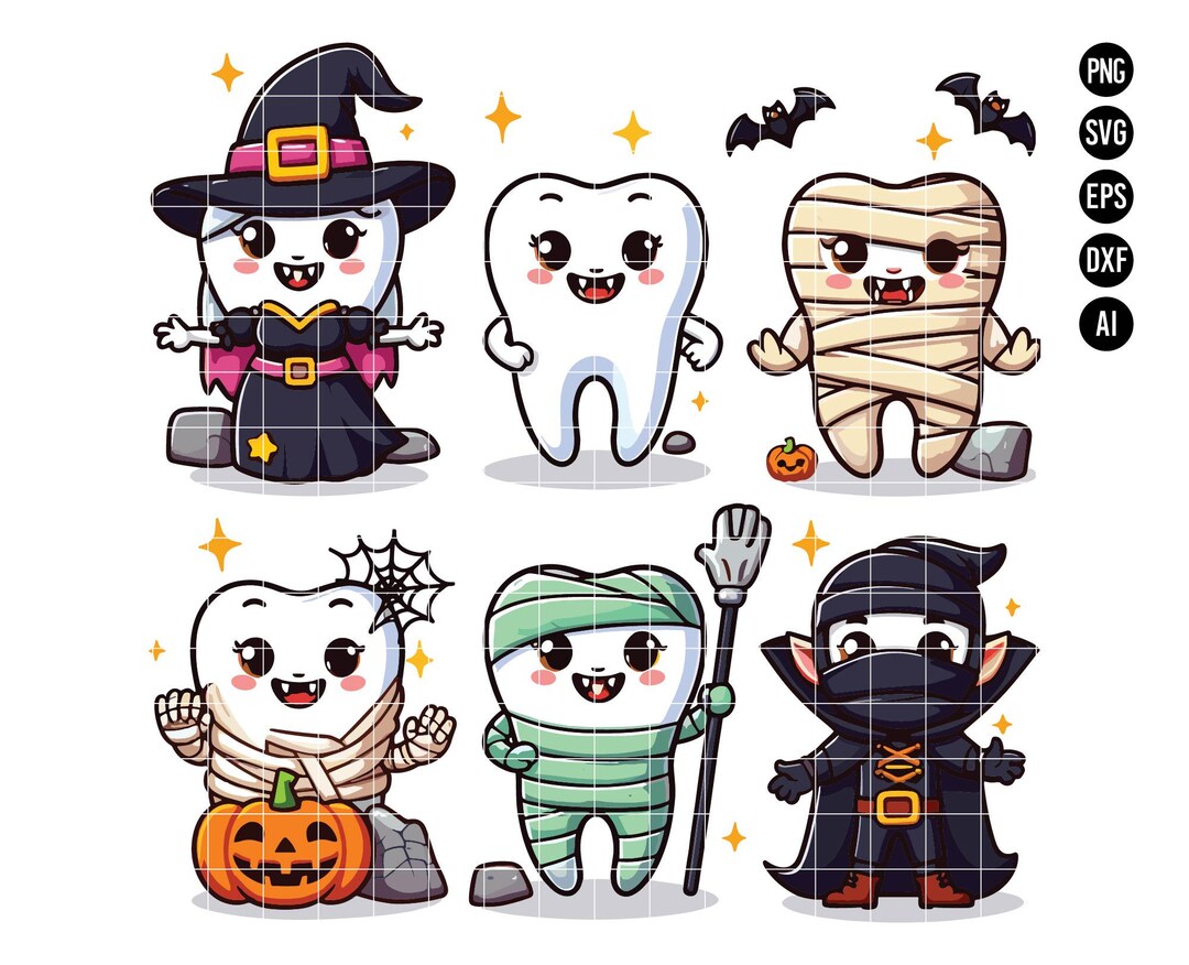 Cute Halloween Tooth Characters SVG PNG, Tooth Halloween Clipart, Witch ...