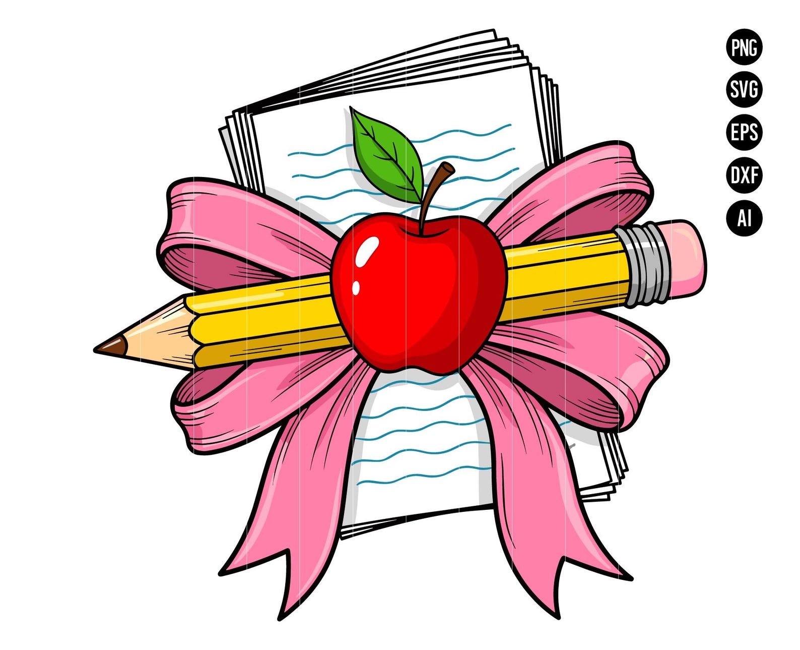Teacher Apple Pencil Paper Bow SVG PNG School Education Clipart for ...