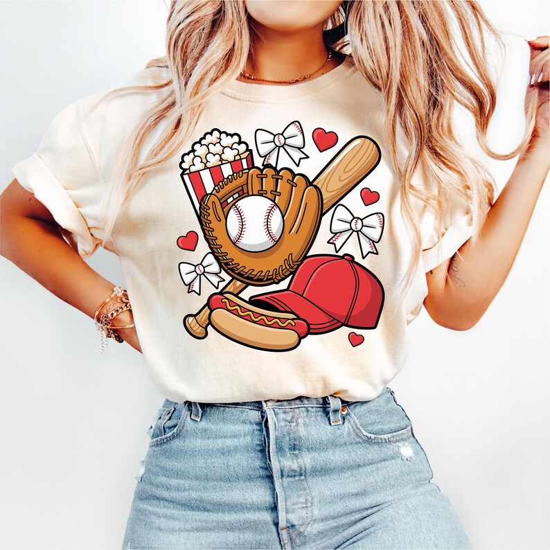 Baseball Game Day Snacks SVG PNG Glove Bat Cap Popcorn Bow Hearts ...