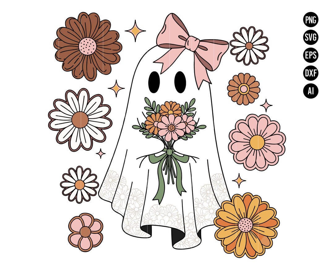 Floral Ghost With Bow SVG PNG Halloween Clipart Cute Bouquet Spirit ...