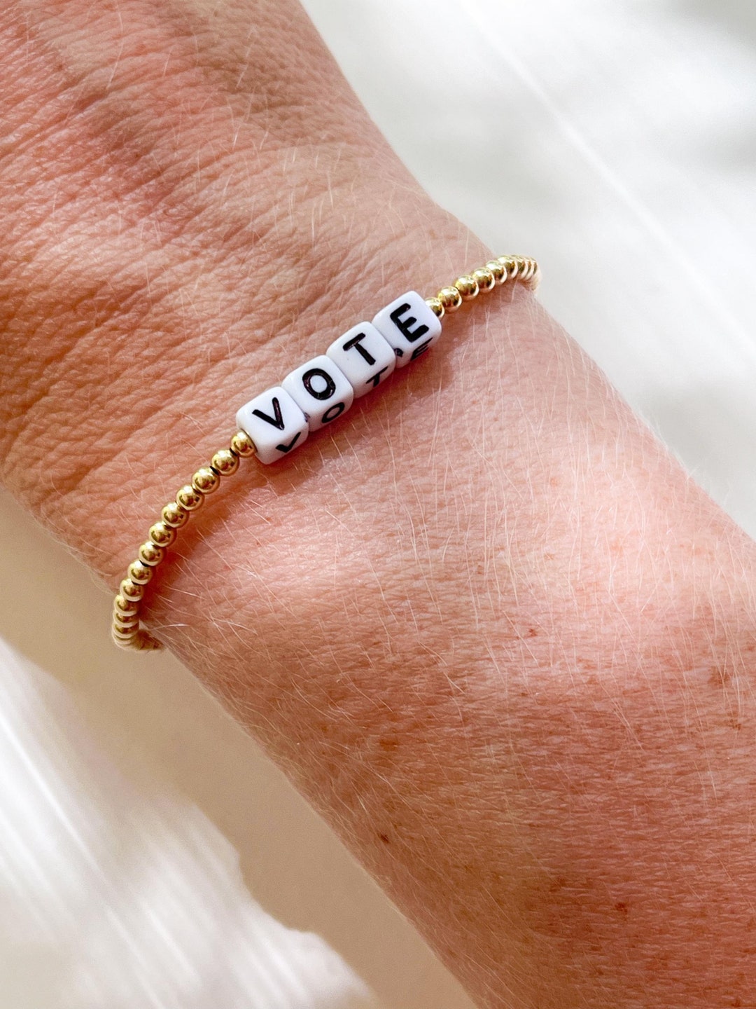 Dainty Gold VOTE Bracelet, Custom Stretchy Friendship Bracelet, Gold ...
