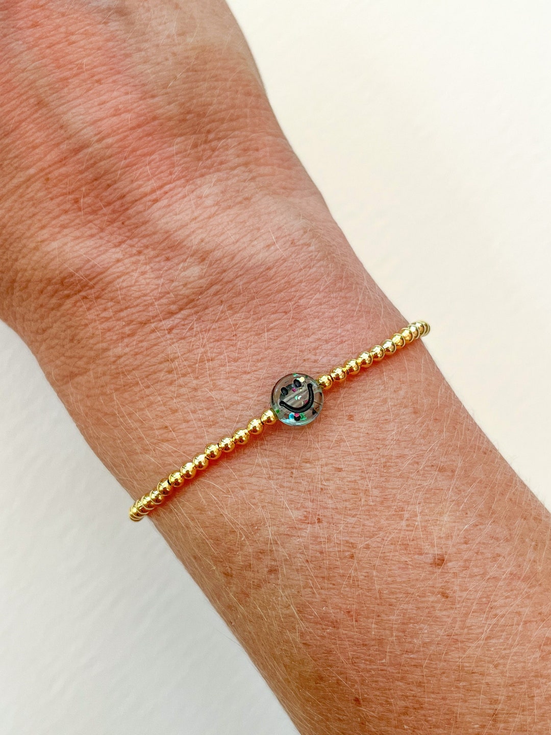 Gold Smiley Face Bracelet, Dainty Gold Jewelry for Her, Gold Beaded ...