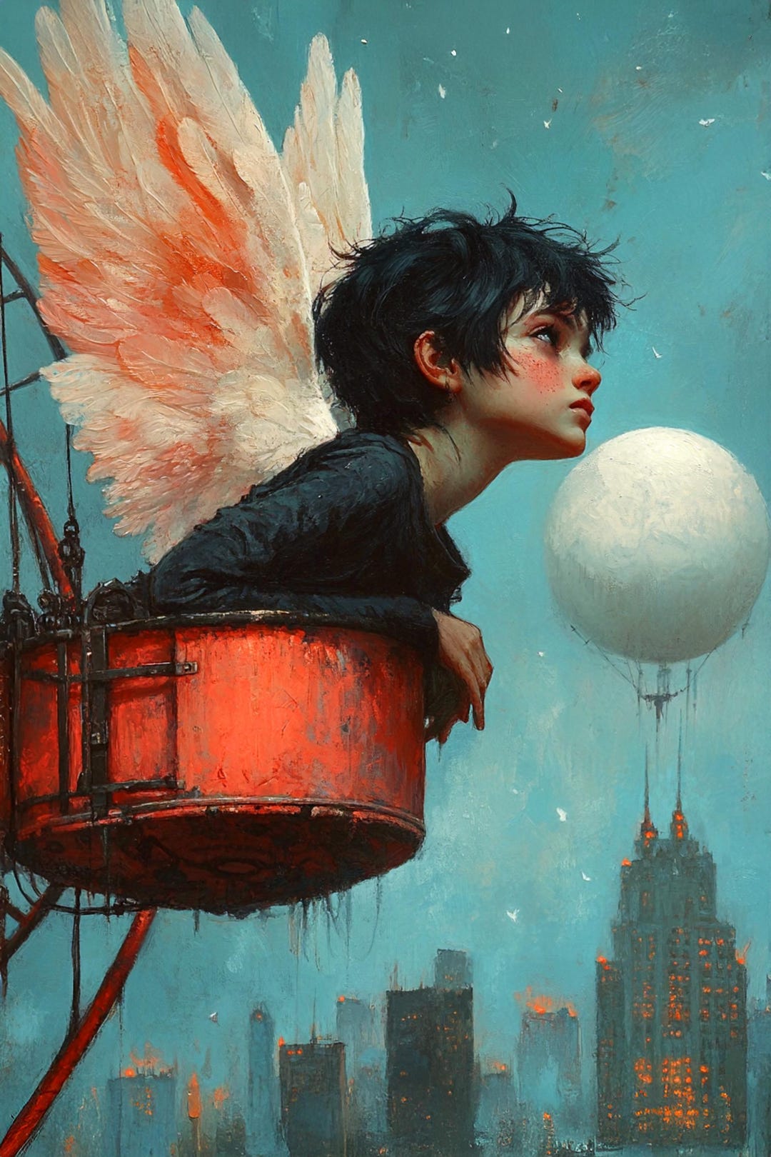 Fantasy Wall Art Print of Angelic Figure in Urban Skyline With Moon ...