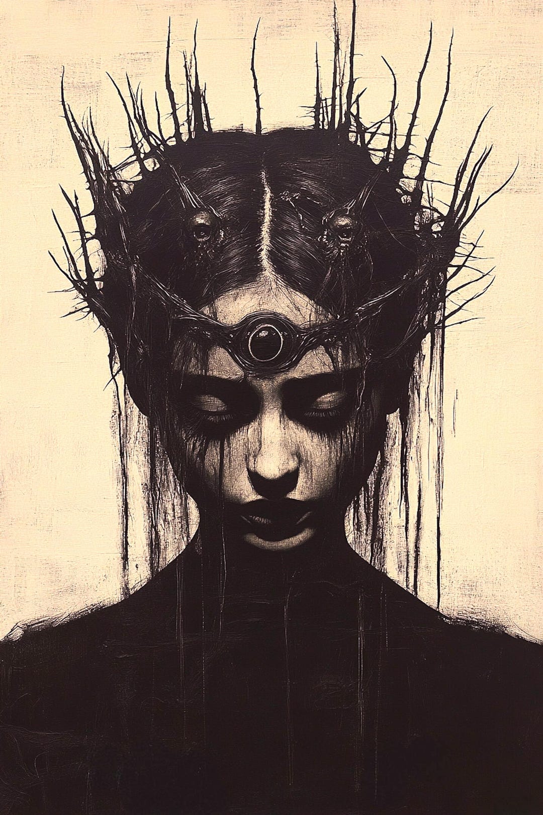 Dark Surreal Gothic Wall Art – Haunting Female Portrait With Crown of ...