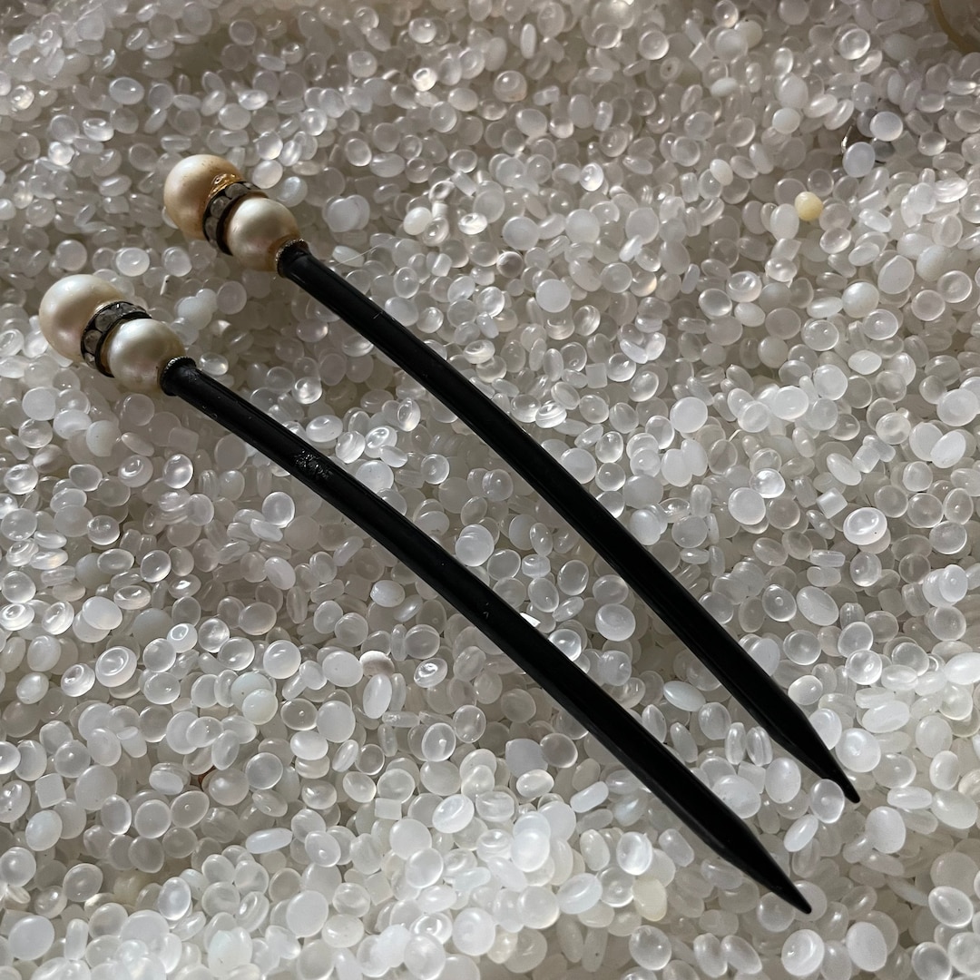 Vintage Hair Sticks, Black Plastic Stick , Crystal Rhinestone Rondelle ...