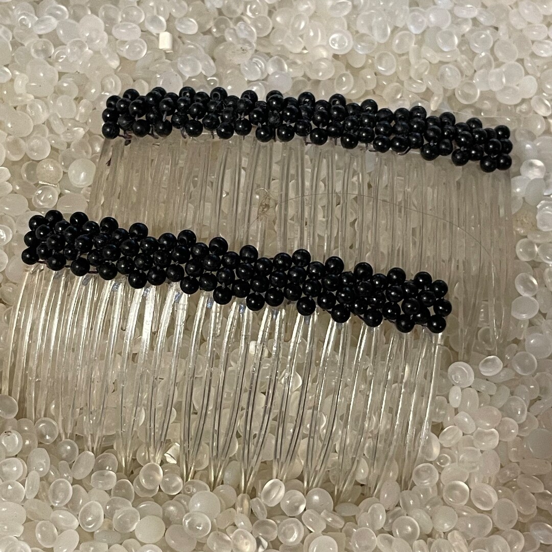 Vintage Hair Combs, Glossy Black Seed Beads,, Hand Beaded, Clusters of ...