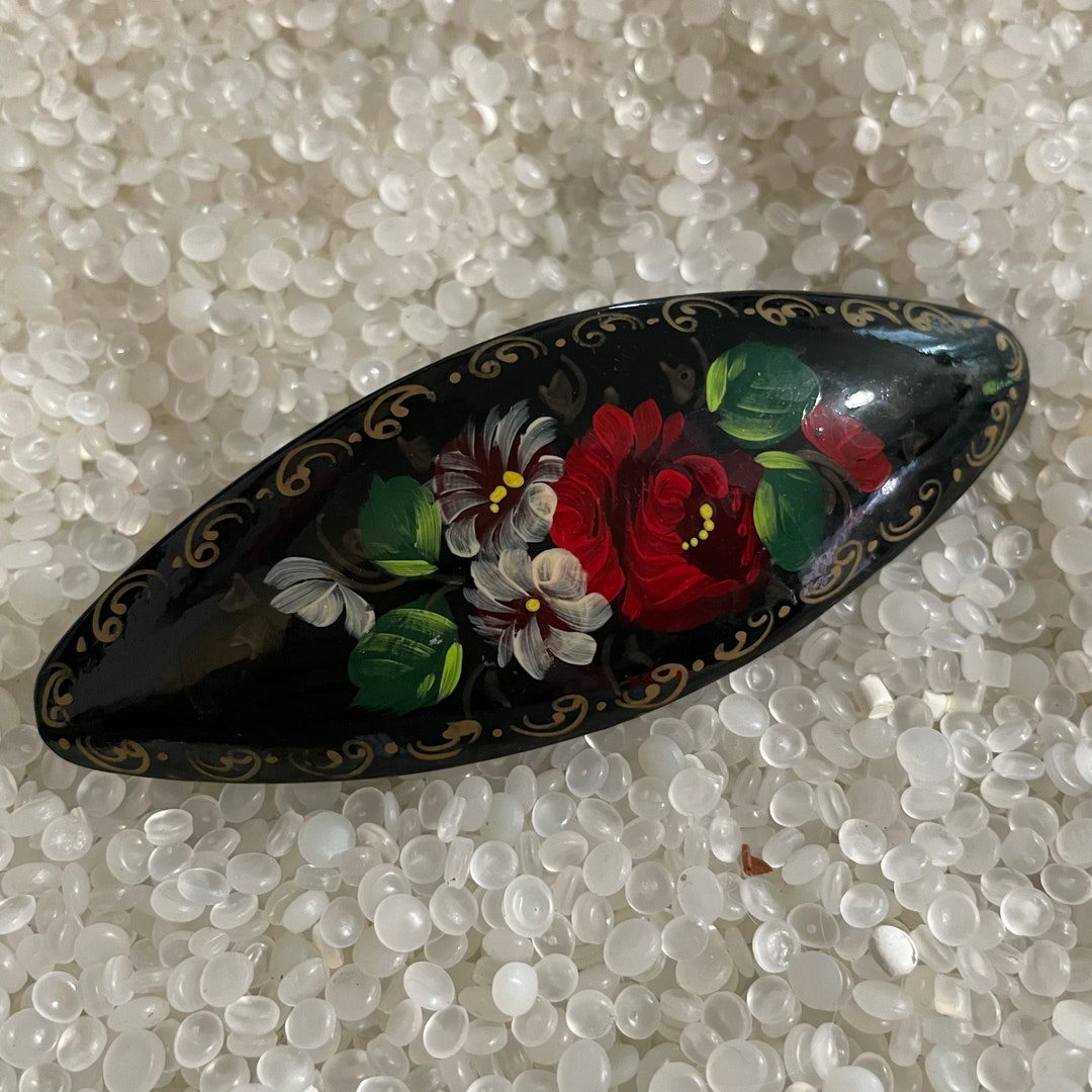 Vintage Hair Barrette, Hand Painted Flowers, Lacquered Wood , Classic ...