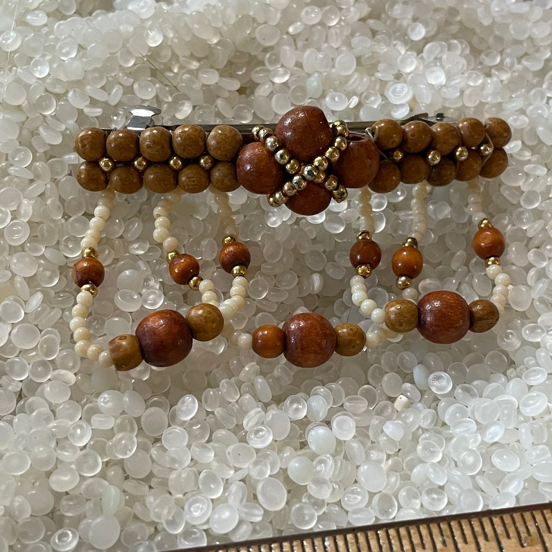 Vintage Barrette, Wood Barrette , Inspired Boho Hand Beaded, 1970 ...