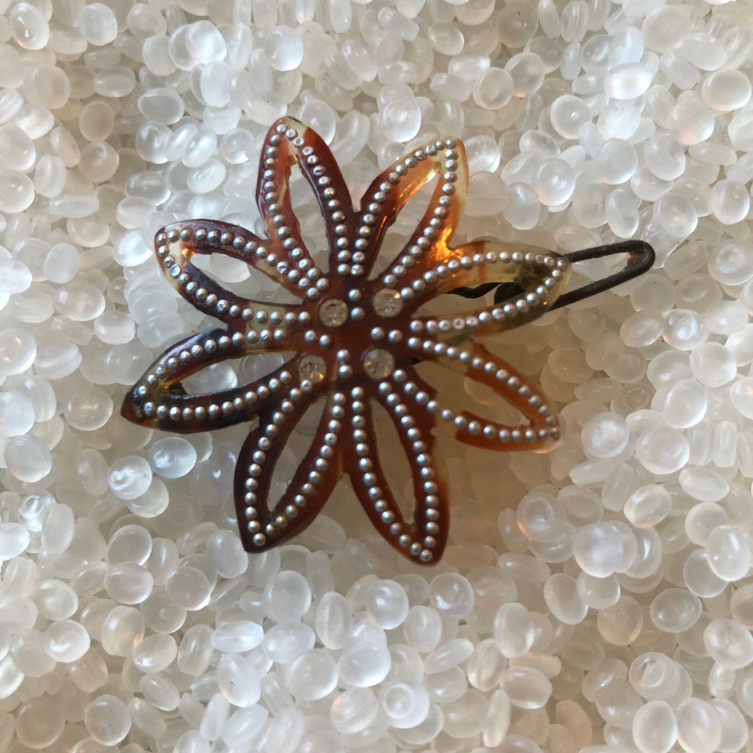 Vintage Barrette Tortoiseshell Flower With Rhinestones - Etsy