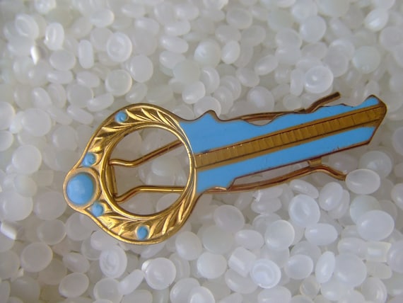 vintage barrette , brass key, blue key, - Gem