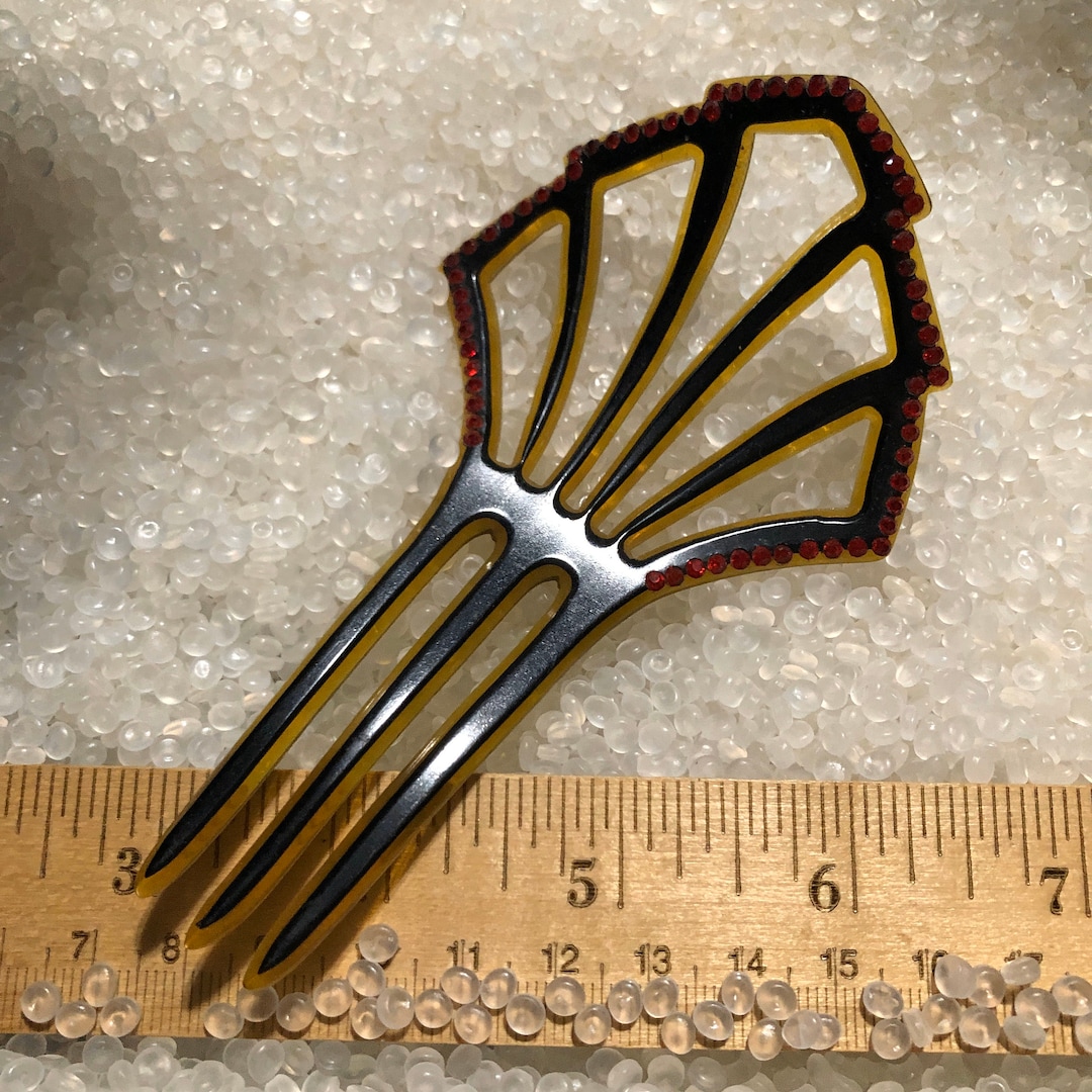Vintage, Antique Hair Comb, Hair Pick, Ruby Red Stones, Black and Amber ...