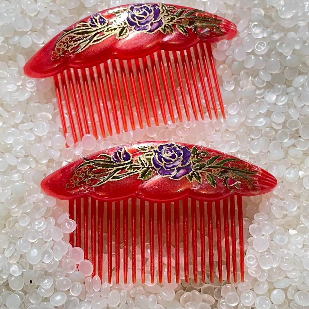 Vintage Combs , Rare Pair, Red Coral , Pale Red Combs , Vintage ...