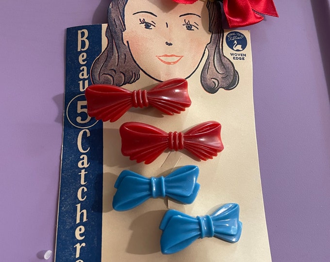 Vintage Barrettes, Red Barrette Blue Ribbon Bows, Rare on Display Card ...