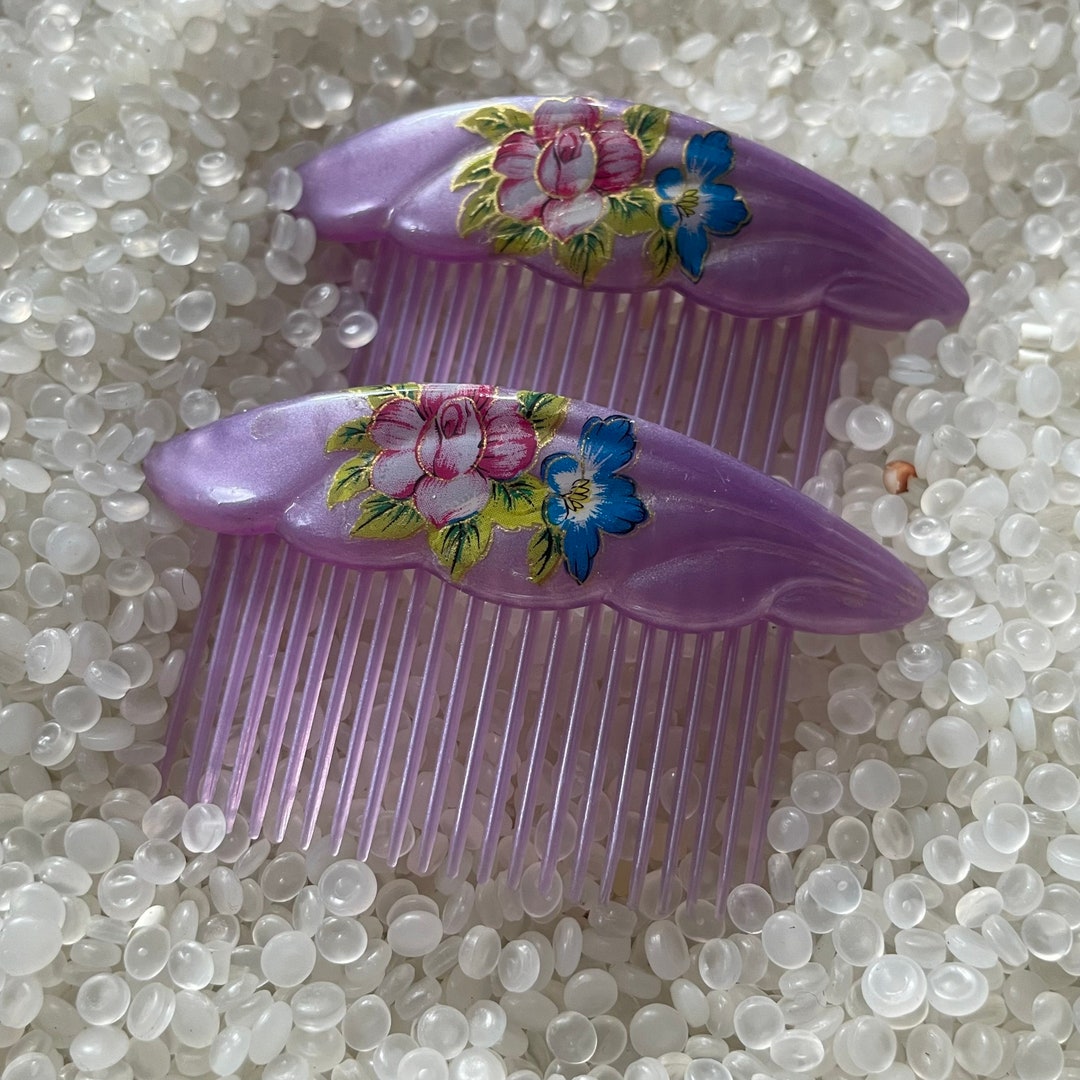 Vintage Combs , Rare Pair,lavender Purple Combs , Flower Transfers ...